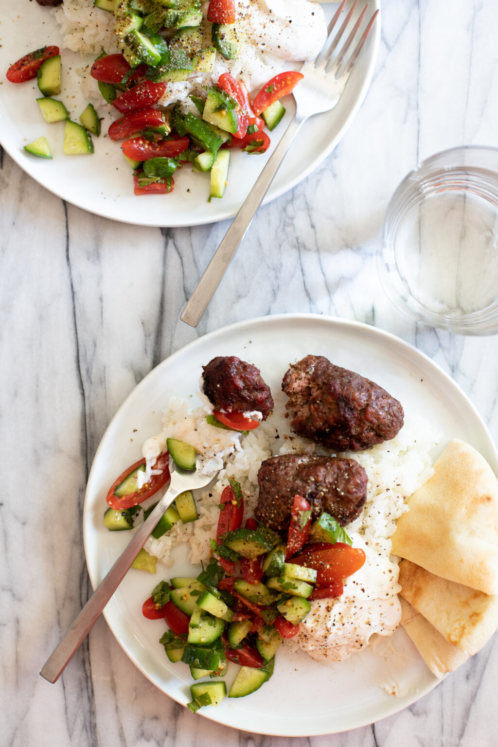 Ground Beef Kofta Rice Bowls with Yogurt Sauce and Fresh Salad